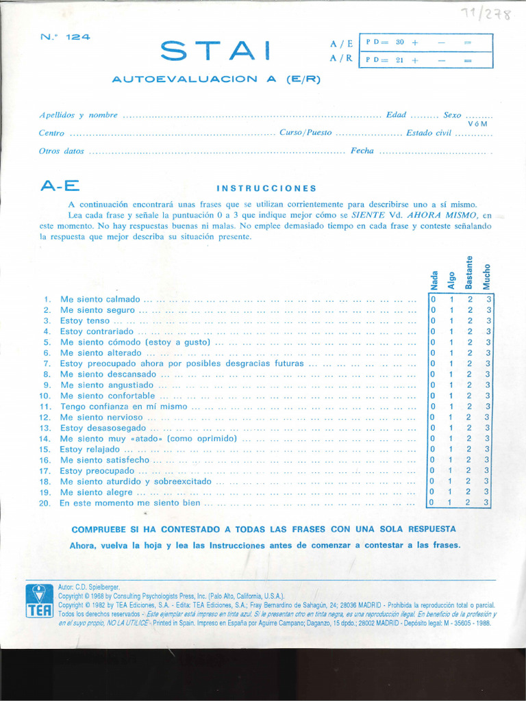 STAI Autoevaluación | PDF