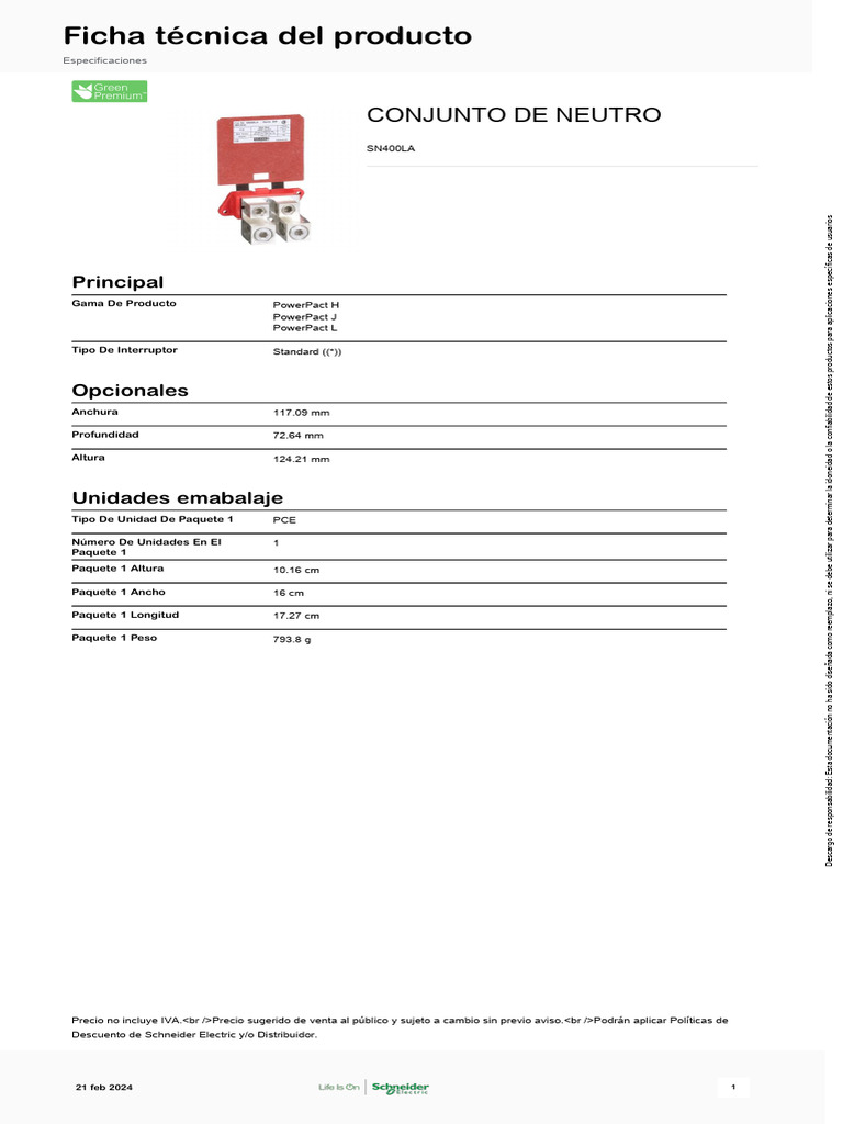 Especificaciones SN400LA PowerPact | PDF | Economía y medio ambiente