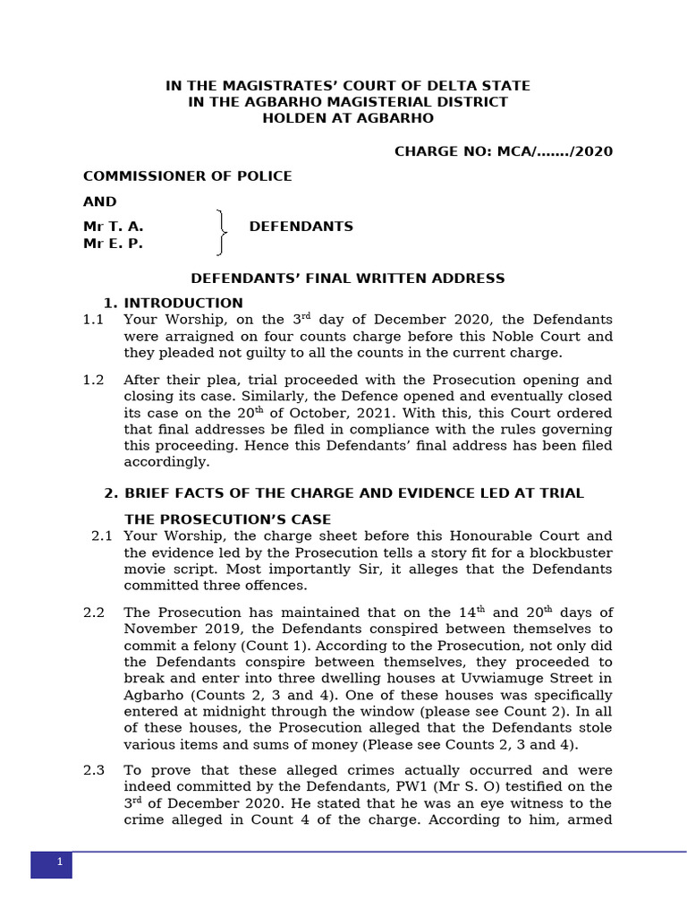 Sample Final Written Address in A Criminal Matter 2 | PDF | Burden Of ...