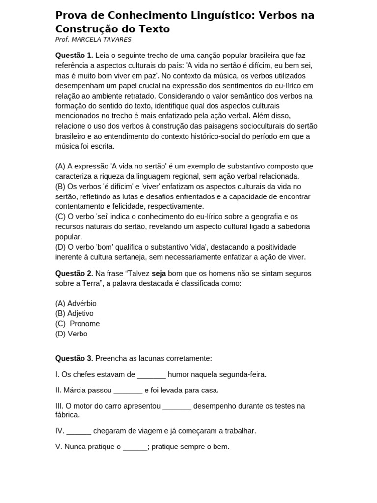 Prova de Conhecimento Linguístico_ Verbos na Construção do Texto | PDF ... Prova de Conhecimento Linguístico_ Verbos na Construção do Texto | PDF ...