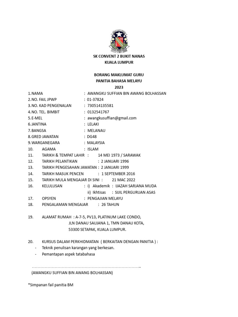 Borang Maklumat Guru BM 2024 Ismail Yusop | PDF
