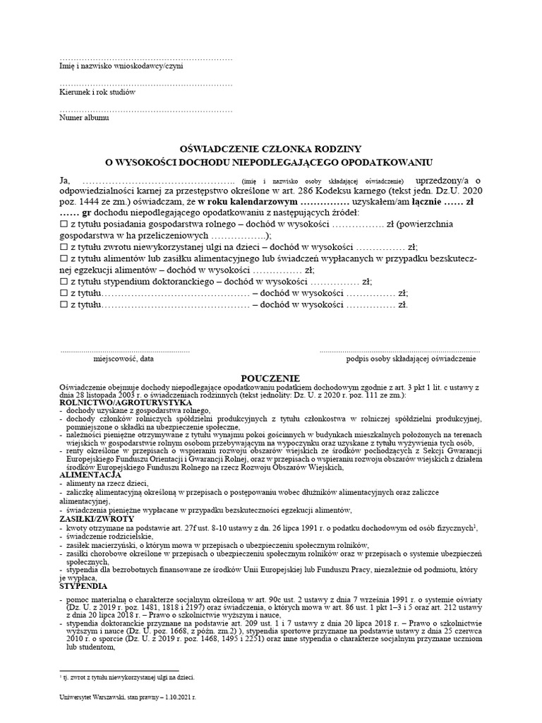 Osěwiadczenie o Dochodach Nieopodatkowanych.. | PDF