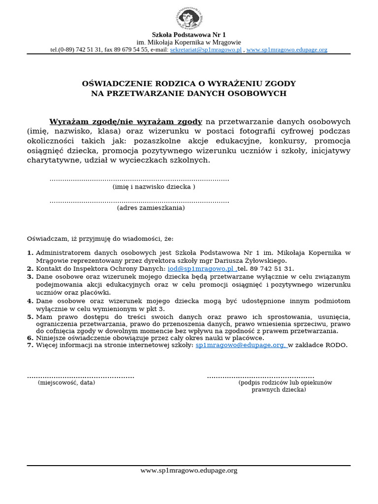 Oswiadczenie Rodzica o Wyrazeniu Zgody Na Przetwarzanie Danych Osobowych | PDF