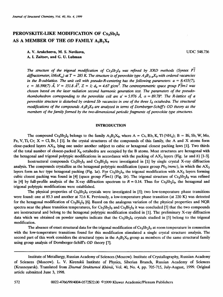 PEROVSKITE-LIKE MODIFICATION OF Cs3Sb219 | PDF | X Ray Crystallography ...