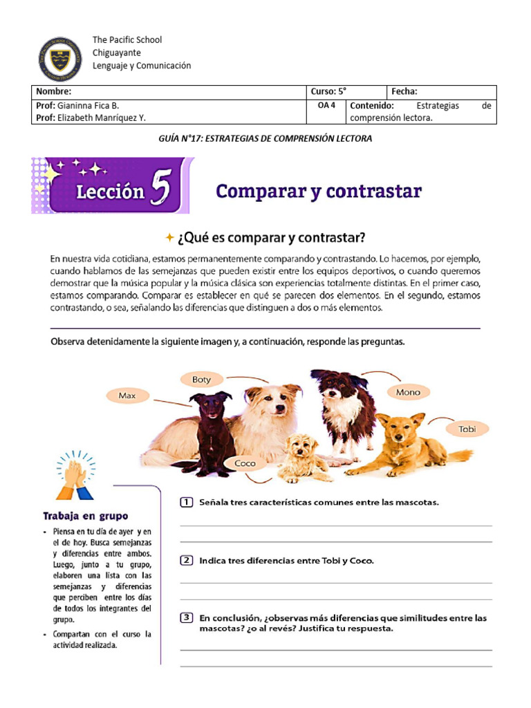 Guía N°17 comprensión lectora - Lección 5 Comparar y contrastar | PDF