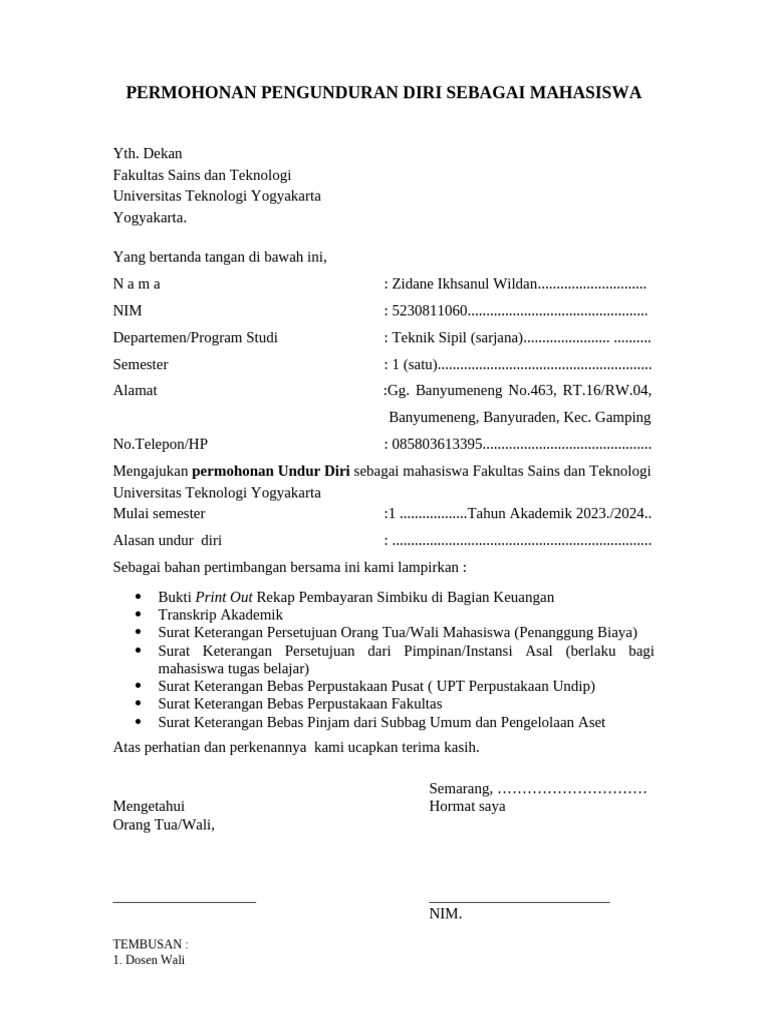 Permohonan Pengunduran Diri Mahasiswa | PDF