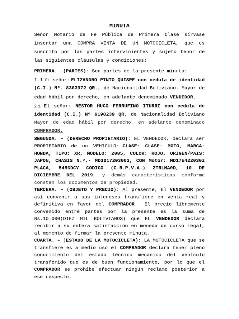 Minuta Propietario Moto | PDF | Negocios | Finanzas y dinero