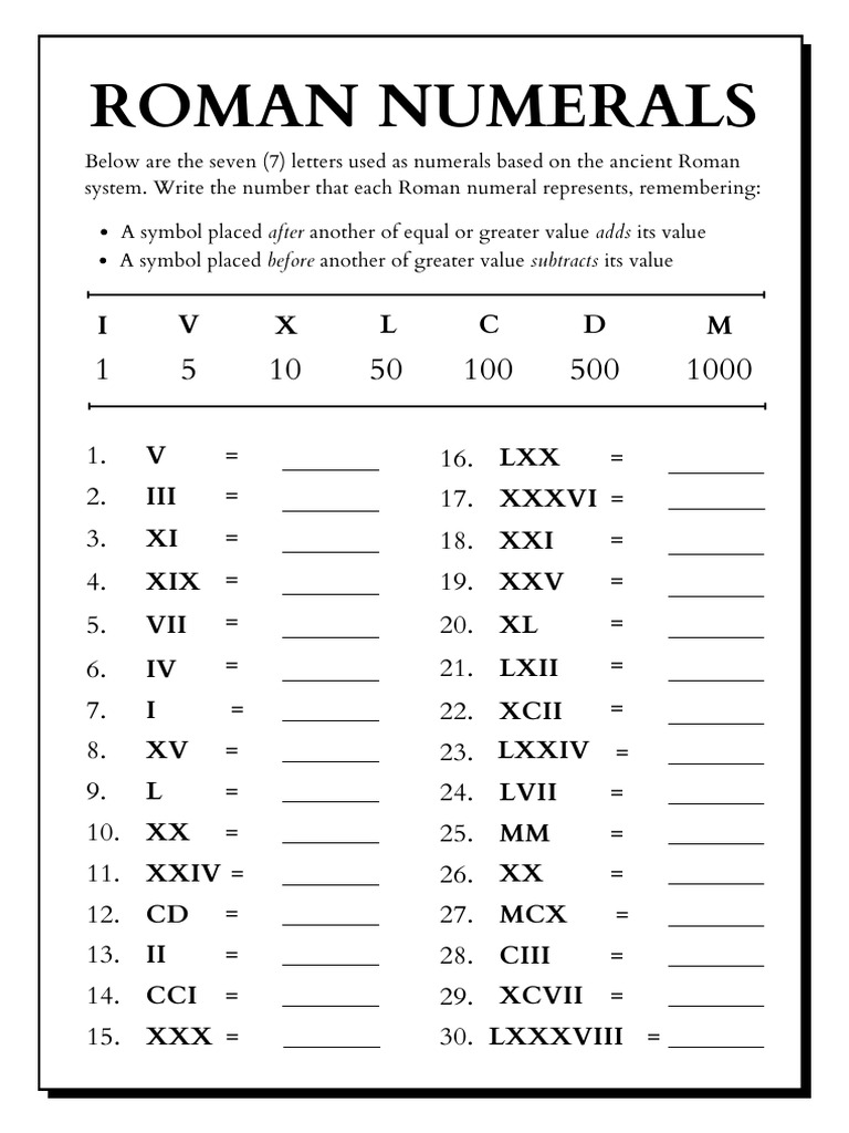 Maths Grade 5 Roman Numerals Worksheet in Greyscale | PDF