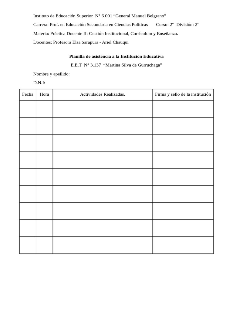 Planilla de Asist. y Plan de Trabajo | PDF