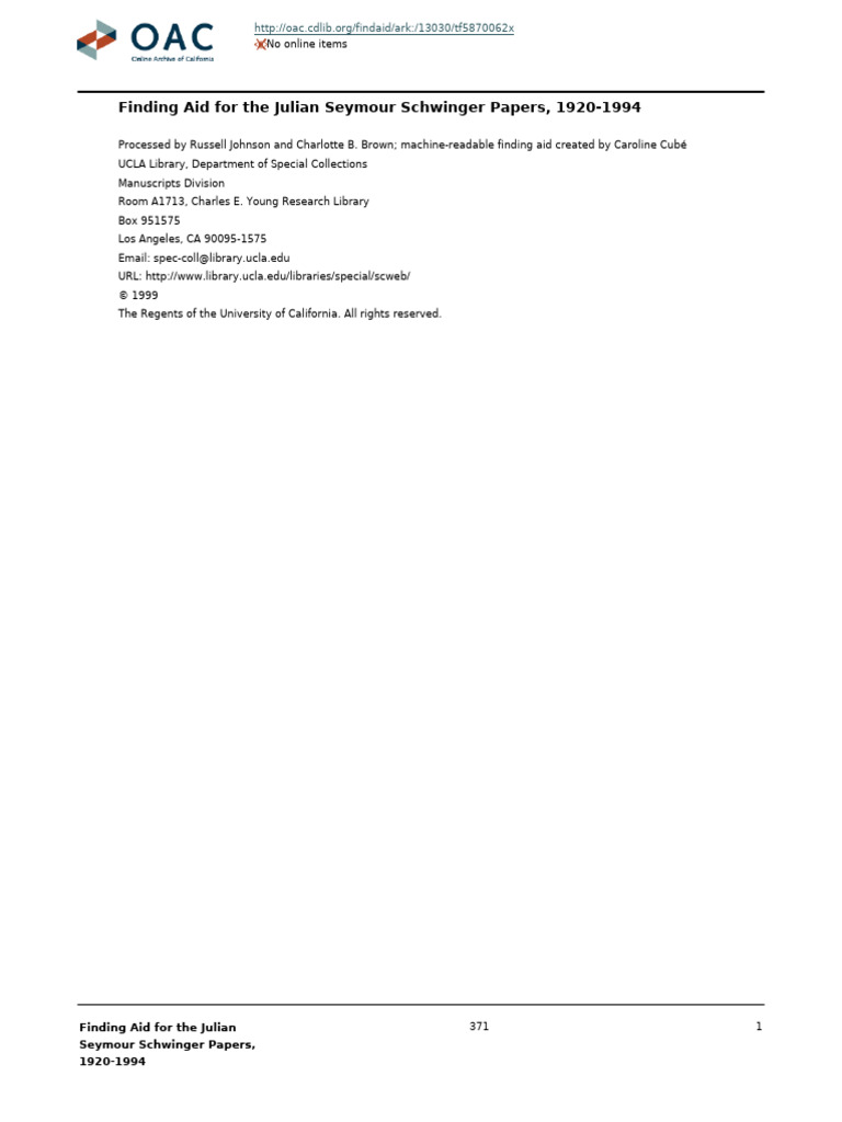 Finding Aid For The Julian Seymour Schwinger Papers, 1920-1994 | PDF ...