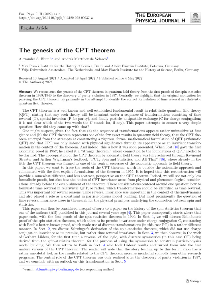 The Genesis of The CPT Theorem: T E P J H | PDF | Quantum Field Theory ...