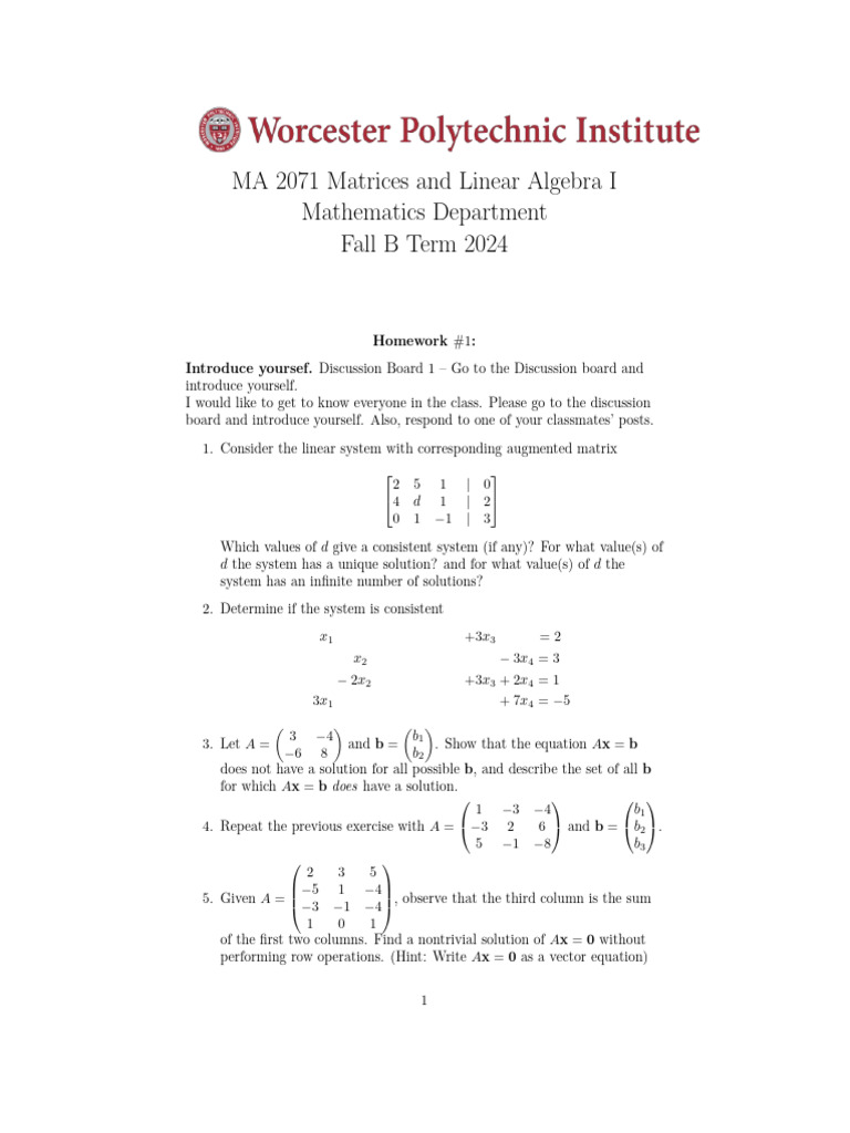 HW 1 MA 2071 B Term 2024-1 | PDF | Matrix (Mathematics) | System Of ...