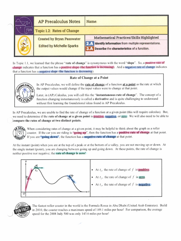 Notes Key Topic 1.2 Rates of Change | PDF