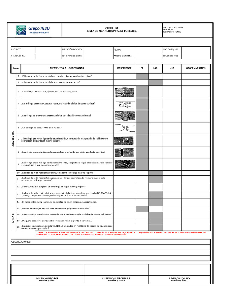 CHECK LIST INSTALACION DE LINEAS DE VIDA FOR-SSO0-69 | PDF | Tornillo