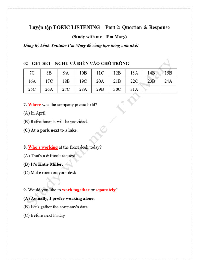 Luyện tập TOEIC Listening Part 2 - Question & Response | PDF