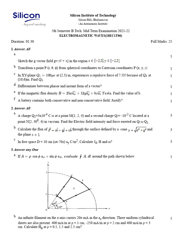 ELECTROMAGNETIC WAVES (18EC1T06) - Mid Term Exam - 2021-2022 | PDF | Flux | Waves