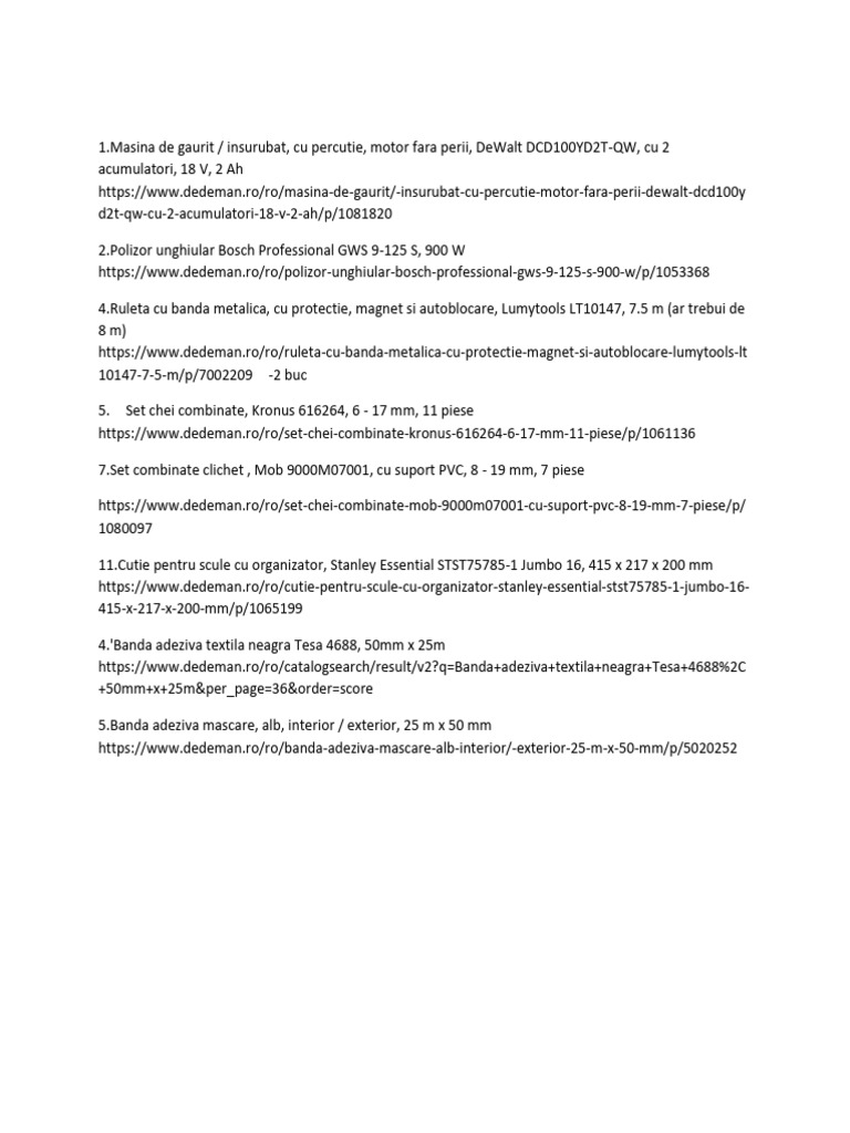 Necesar Masinisti Partial DEDEMAN | PDF