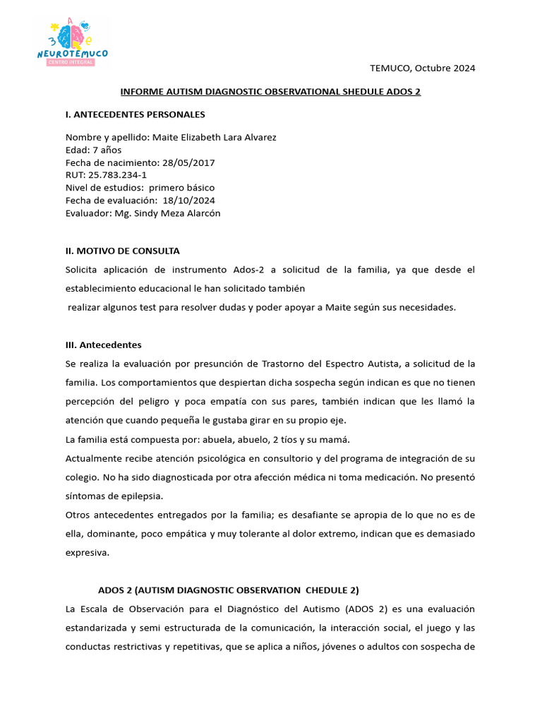 Informe ADOS-2 Módulo 3: Evaluación de Maite | PDF | Espectro autista ...