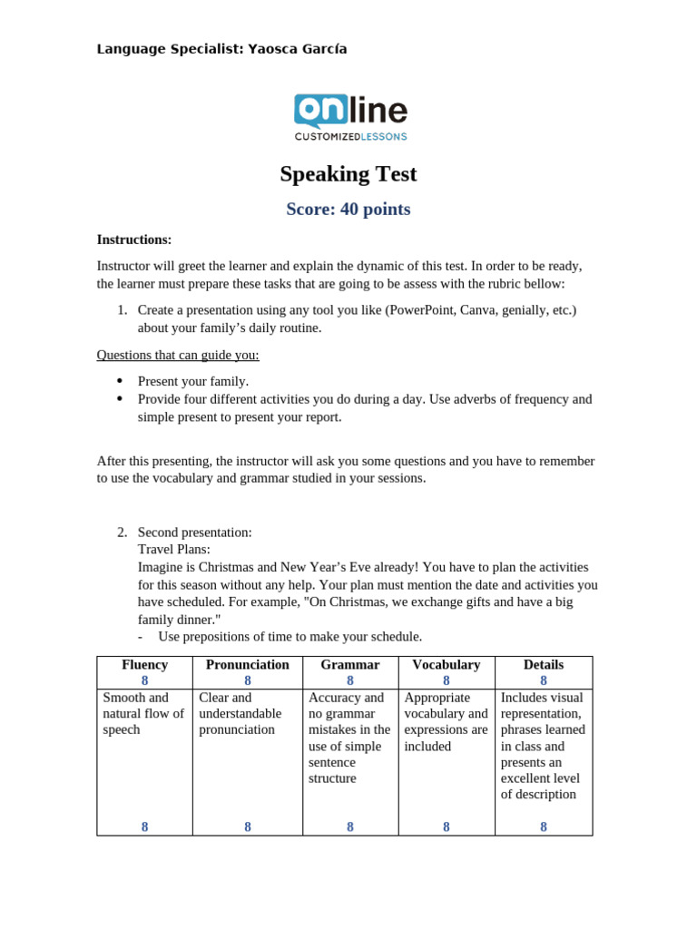 SpeakingTest Rubric - Level 2 | PDF | Vocabulary | Fluency