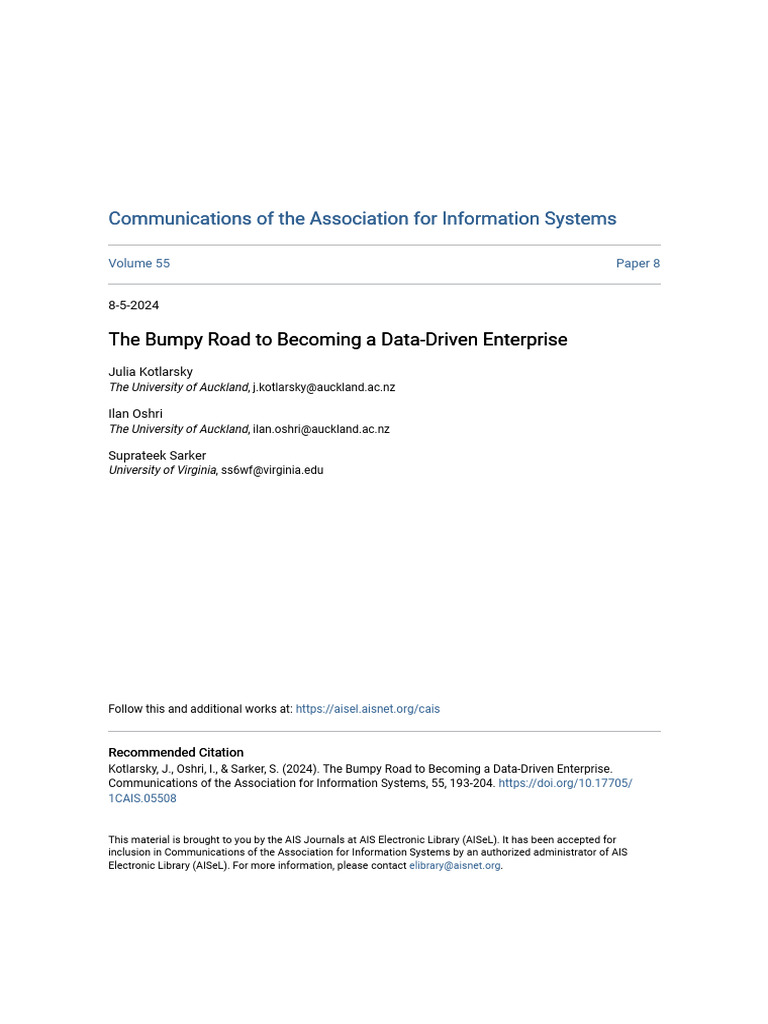 CAIS Teaching Case Becoming A Data Driven Enterprise Kotlarsky Oshri | PDF | Data | Decision Making