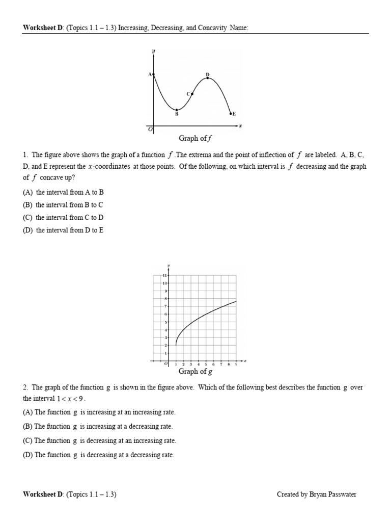 Increasing, Decreasing, and Concavity Worksheet | PDF | Differential ...