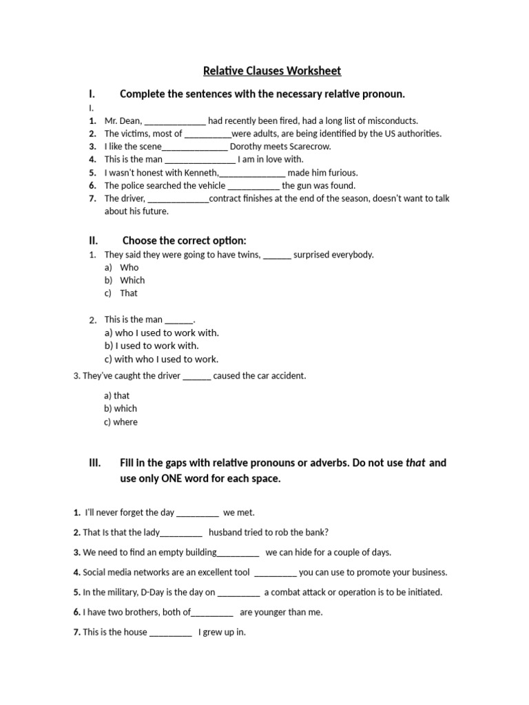 Relative Clauses Worksheet | PDF | Linguistic Typology | Linguistic ...