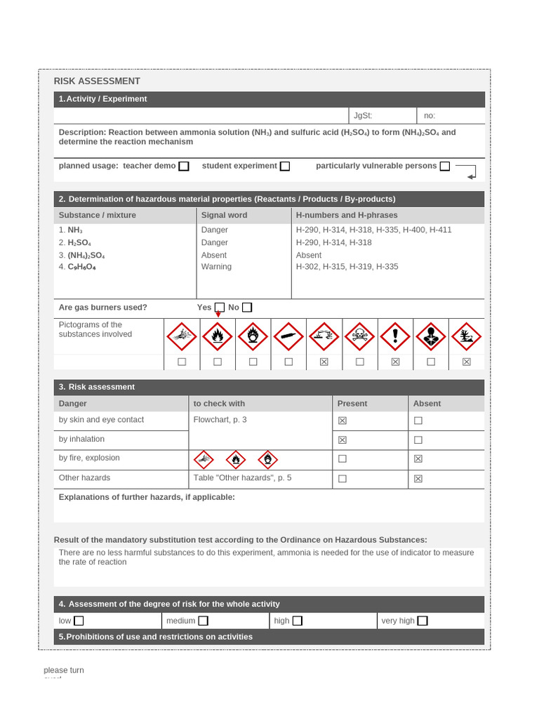 Chemistry Risk Assessment IA | PDF | Hazards | Ammonia