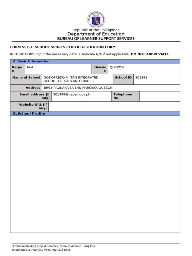 FORM SSC.1 School Sports Club Registration Form v1 | PDF