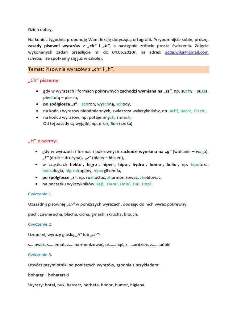 Pisownia Wyrazów Z CH I H. Kl. 3 | PDF