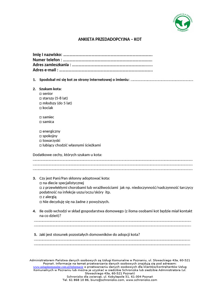 Ankieta Przedadopcyjna Kot | PDF