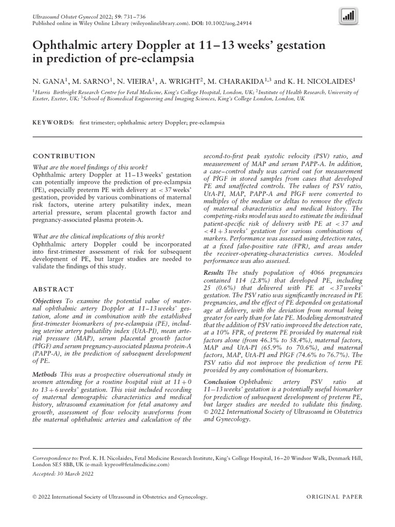 Ophtalmic Artery Doppler in The Prediction of PE at 11 13 Weeks | PDF ...