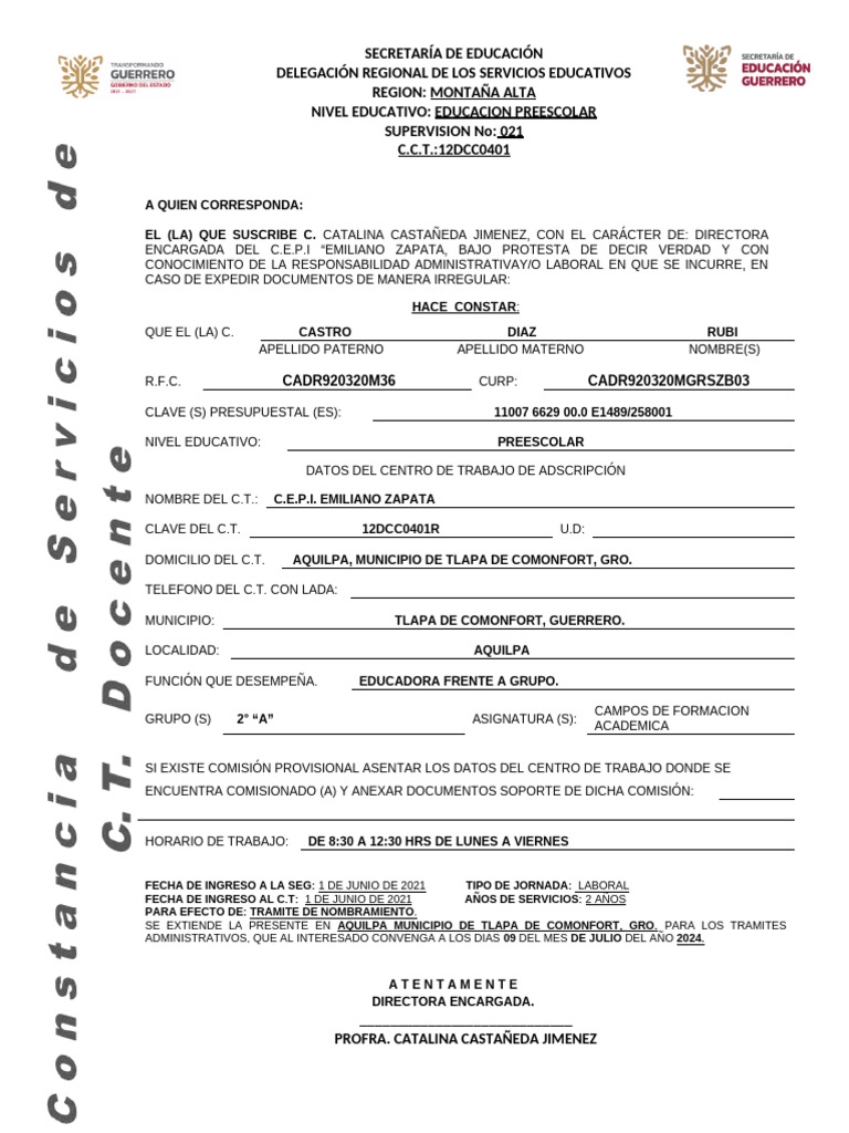 Constancia de Servicio Rubi Castro-1 | PDF