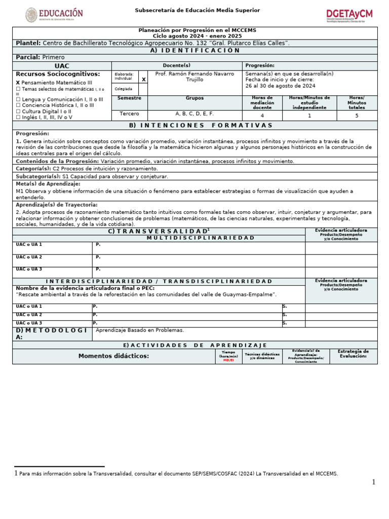 Planeacin Progresin 1 PM3 | PDF | Aprendizaje | Cognición