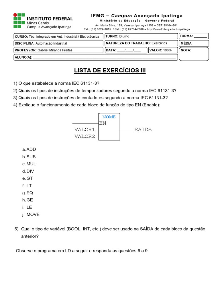 Exercícios - Lista III 2º T | PDF