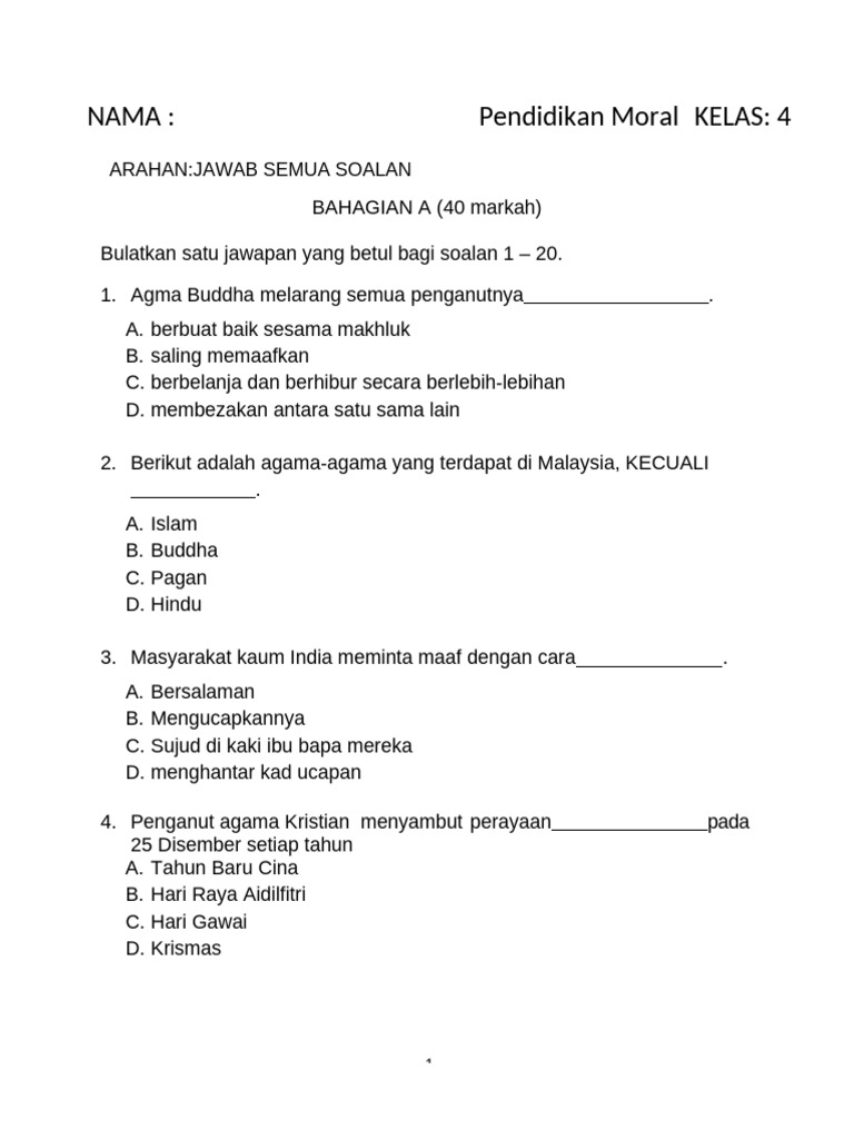 Soalan Moral Tahun 4 | PDF