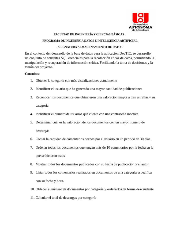 Consultas SQL para DocTIC en Ingeniería | PDF