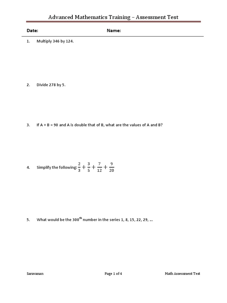 Advanced Math Assessment Test | PDF | Teaching Methods & Materials