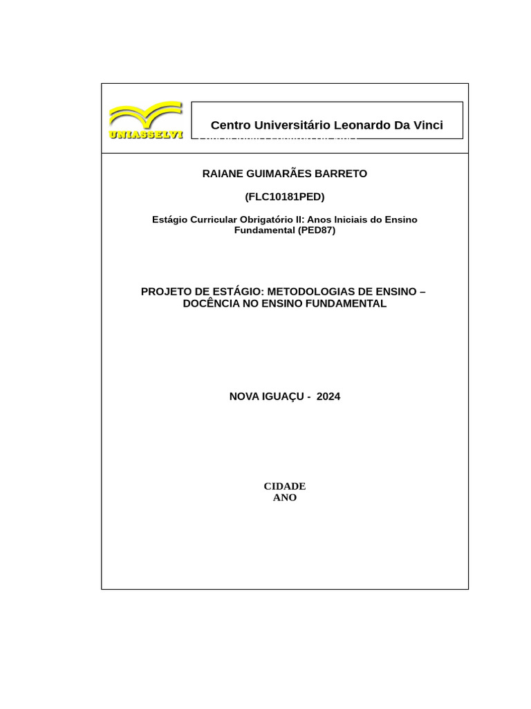Projeto de Estágio - Docencia No Ensino Fundamental | PDF | Pedagogia ...