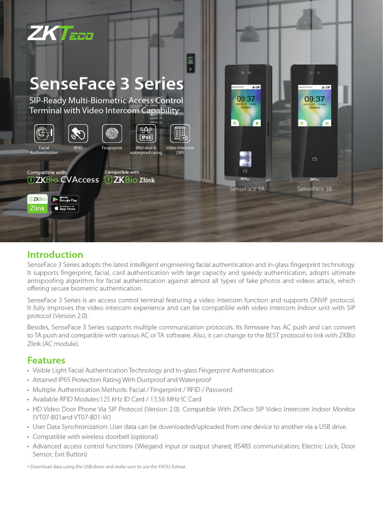 ZKTeco SenseFace 3A AI Based Face Recognition Device | PDF | Access Control | Authentication