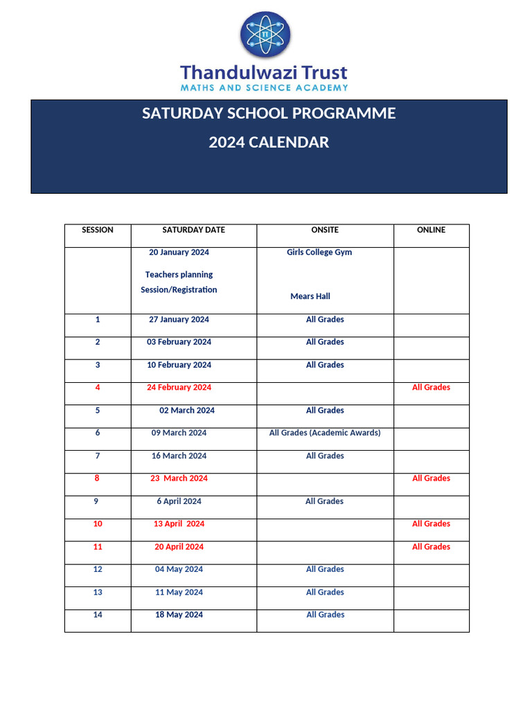 Revised - 2024 Saturday School Calendar | PDF