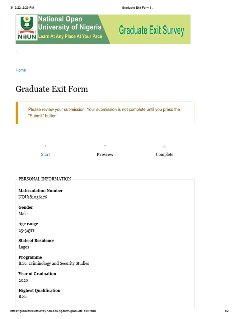 Graduate Exit Form - Daniel Oluwaseun Enitan Nou181036176 | PDF