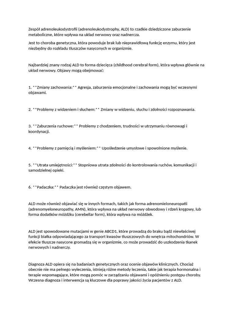 Zespół adrenoleukodystrofii (adrenoleukodystrophy, ALD) | PDF