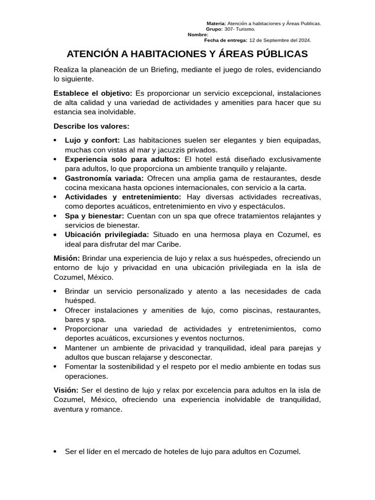 Briefing Hotelero: Atención y Servicios | PDF | Hotel