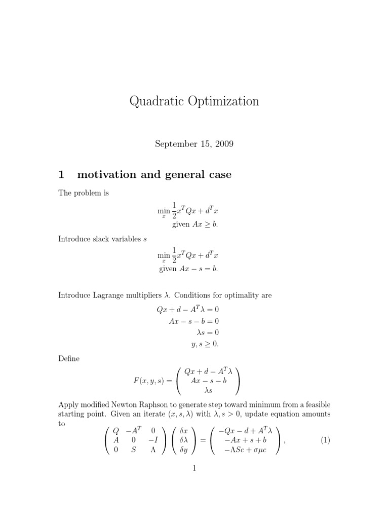 Quadratic Optimization: 1 Motivation and General Case | PDF | Teaching ...