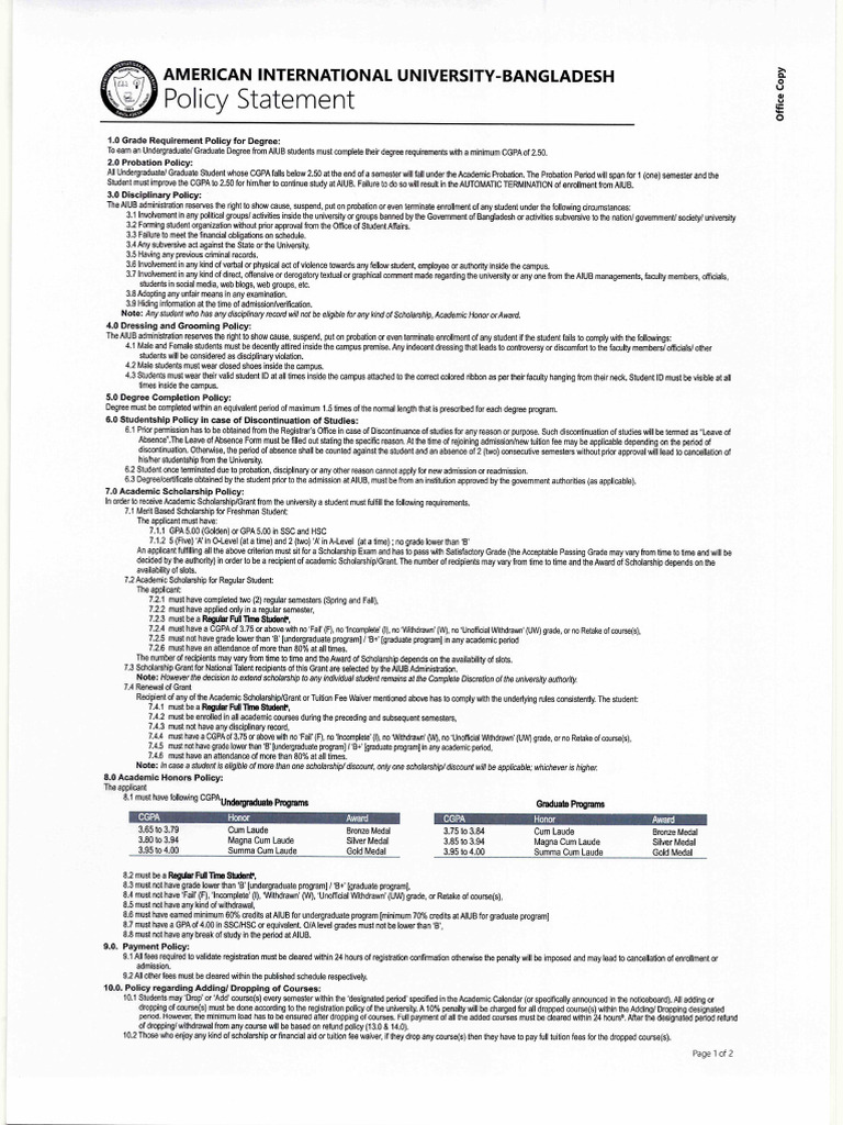 Student Policy Statement | PDF