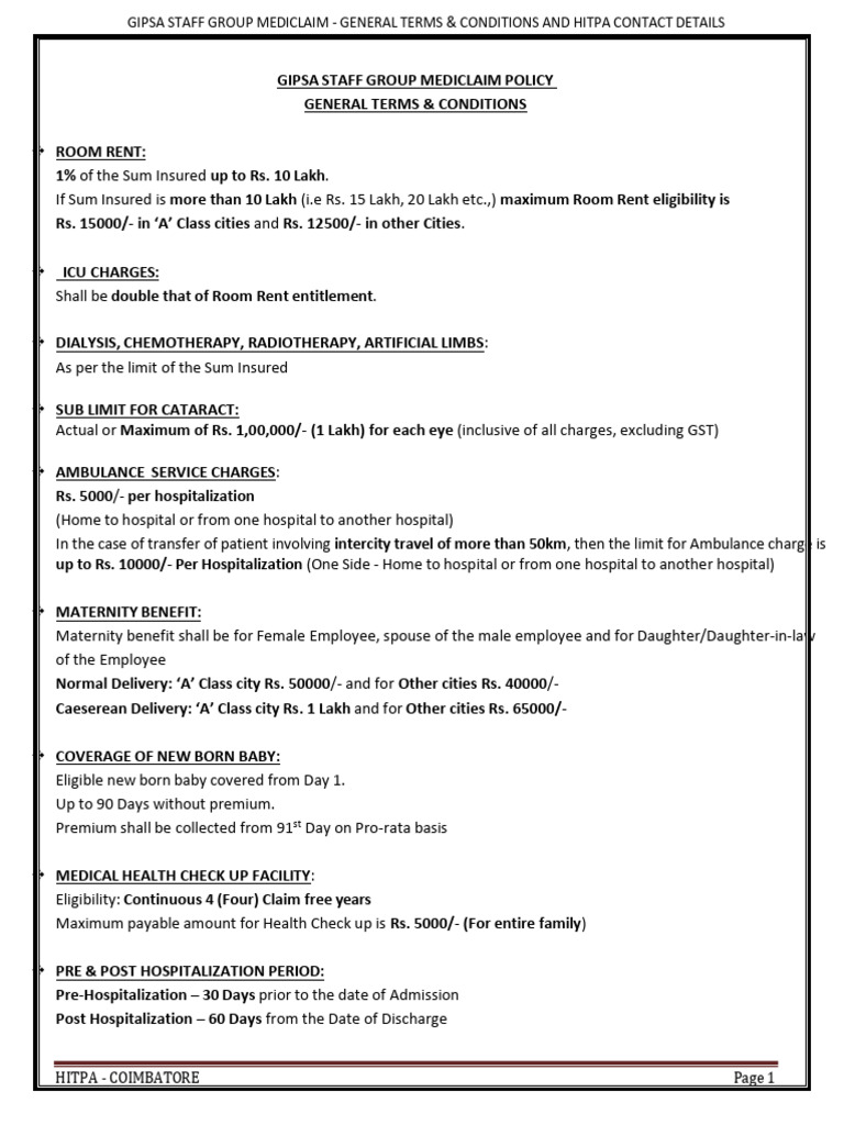 GIPSA Staff Group Mediclaim Terms & Conditions and HITPA Contact | PDF ...