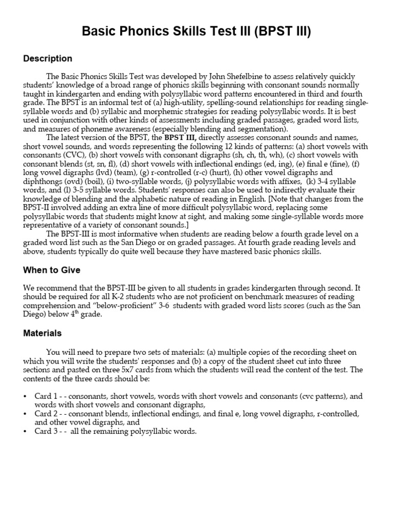 Directions for Basic Phonics Skills Test BPST III | PDF | Phonics ...