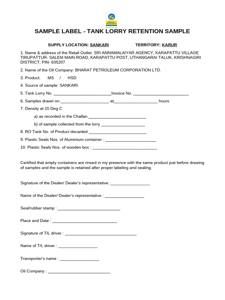 Tank Lorry Retention Sample Label | PDF