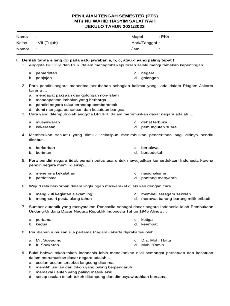 PTS PKN MTs Wahid Hasyim Kelas 7 2021 | PDF