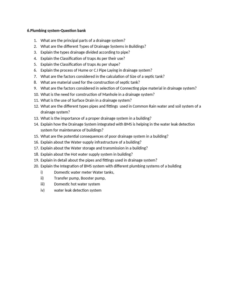 Plumbing System Question Bank | PDF | Technology & Engineering